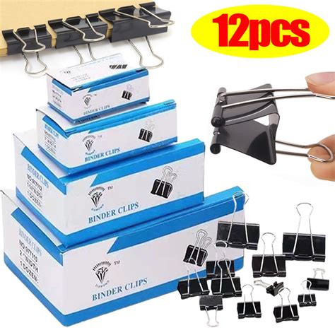 12pcs Black Metal Binder Clips Paper Clamps Clips School Office