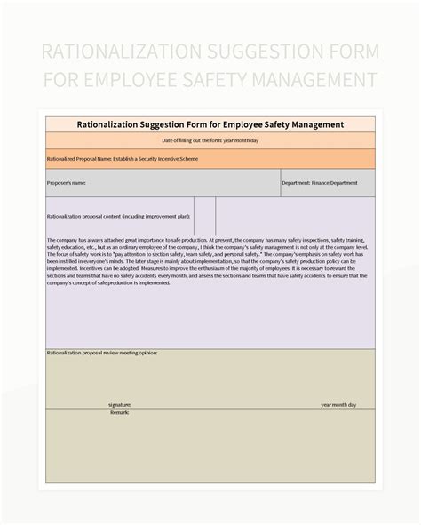 Rationalization Suggestion Form For Employee Safety Management Excel