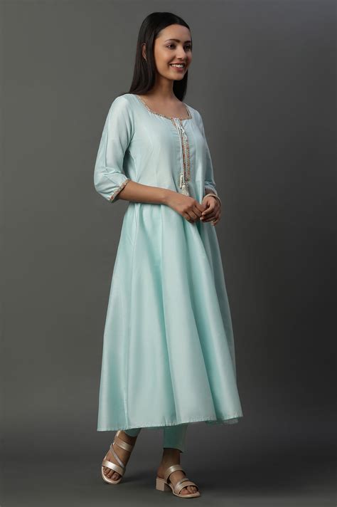 Buy Blue Flared Anarkali Kurta Tights And Jacquard Dupatta Online For