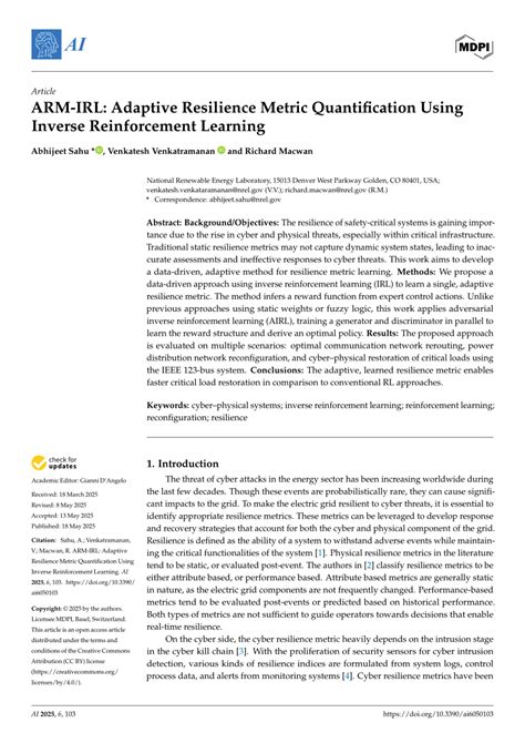 Pdf Arm Irl Adaptive Resilience Metric Quantification Using Inverse Reinforcement Learning