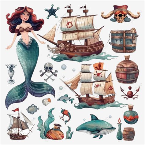 美人魚與海盜船海盜船物件收藏 美人魚 女孩 海盗png去背圖片素材免費下載，免摳圖設計圖案下載 Pngtree