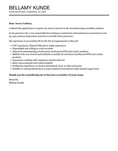 Manufacturing Assembler Cover Letter Velvet Jobs Manufacturing Assembler Cover Letter Velvet Jobs