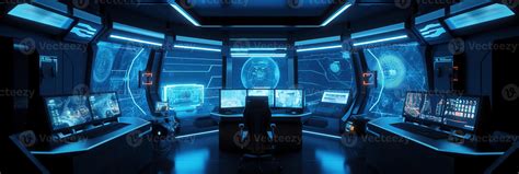 Command Center Interior Banner 3d Room With Neon Light Sci Fi Concept