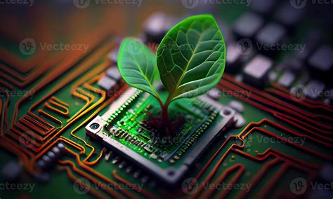 Growing Tree On The Converging Point Of Acomputer Circuit Board Nature With Digital Convergence