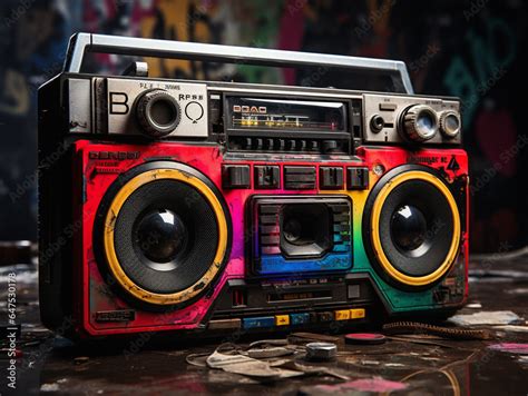 1980s Retro Ghetto Blaster Boombox In Graffiti Covered Room Full Frame