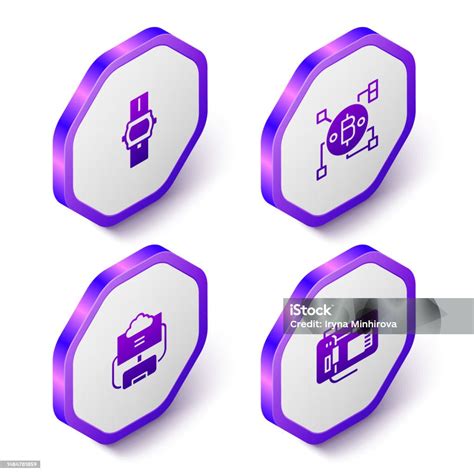 아이소메트릭 손목시계 블록체인 기술 비트코인 클라우드 데이터베이스 및 마더보드 아이콘을 설정합니다 보라색 육각형 버튼 벡터 3차원 형태에 대한 스톡 벡터 아트 및 기타