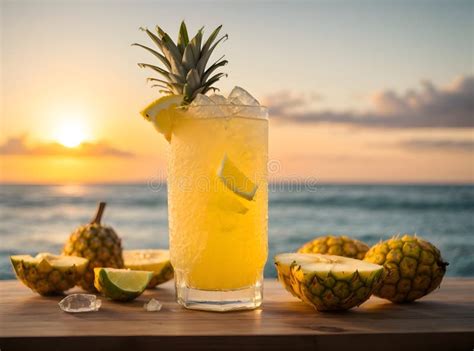 Tropical Mocktail Cocktail At Sunset On The Beach Stock Illustration