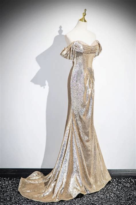 Gold Sequins Long Prom Dress Mermaid Off The Shoulder Evening Party