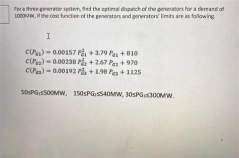 Solved For a three-generator system, find the optimal | Chegg.com