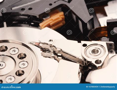 Opened Hard Disk Drive Close Up Stock Photo Image Of Hard Head 157083434