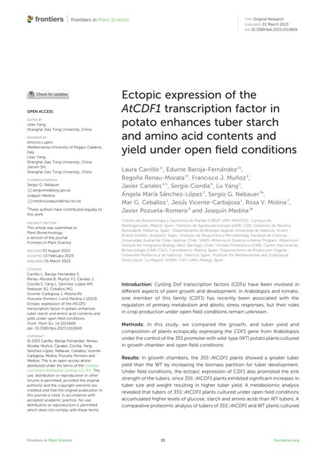 Pdf Ectopic Expression Of The Atcdf1 Transcription Factor In Potato