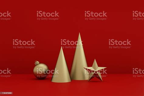 크리스마스 공 별 황금 콘 메리 크리스마스와 새해 복 야 3d 렌더링 겨울 장식 Xmas 최소한의 디자인 빨간색 배경에 대한