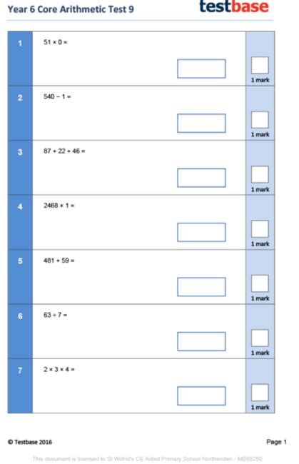 Arithmetic Tests St Wilfrids Ce Primary School