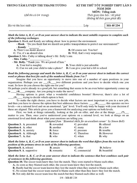 TiẾng Anh Ttlt Thanh TƯỜng Thi ThỬ LẦn 3 MÃ 234 Pdf Welfare