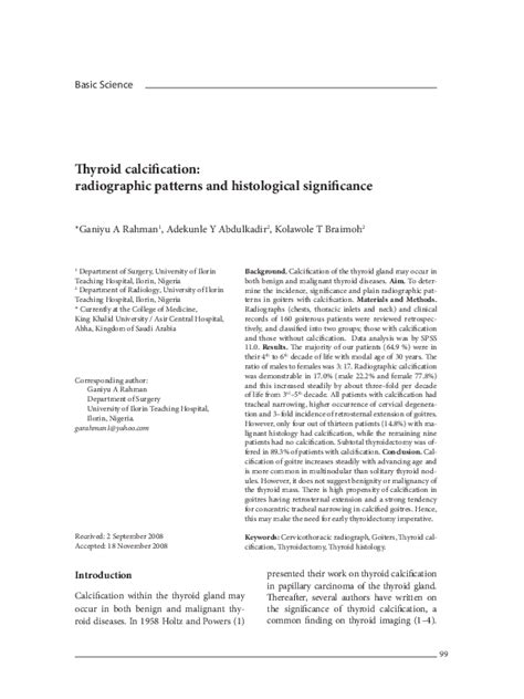Pdf Thyroid Calcification Radiographic Patterns And Histological Significance Ganiyu A