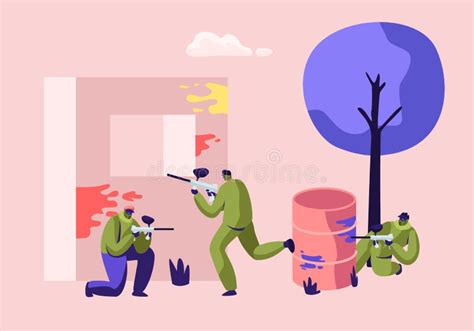 极端迷彩漆弹运动争斗 防护瞄准和射击与从发射孔和金属桶的枪的制服和面具的球员 向量例证 插画 包括有 人们 彩弹 152397358