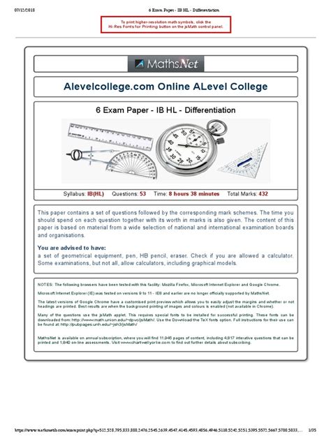 6 Exam Paper Ib Hl Differentiation Pdf Tangent Equations