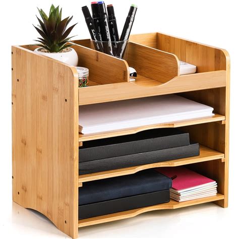 Bamboo Desk File Organizer 13 Document Letter Tray Sorter With 2
