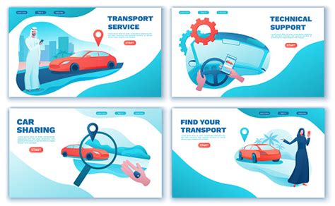 자동차 공유 방문 페이지 세트 아랍 인 렌트 자동차 실업가 주문 타기 임대 서비스 템플릿 모바일 앱 개념 남자 소녀 평면 벡터 디자인 청록색 붉은 색 개체 그룹에 대한 스톡