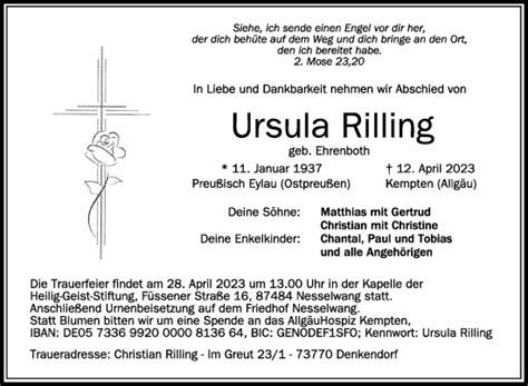 Traueranzeigen Von Ursula Rilling Schwaebischede Trauerportal
