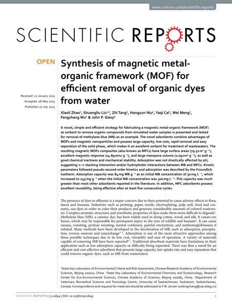 Pdf Synthesis Of Magnetic Metal Organic Framework Mof For Efficient