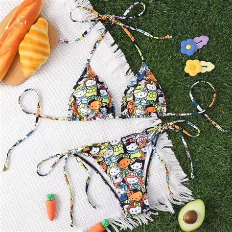 Kawaii Hello Kitty Bikini Set Anime Sanrio Cinnamoroll Swimsuit Summer