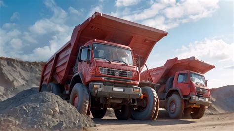 Two Large Red Dump Trucks Are Parked In A Gravel Pit Ready For Loading