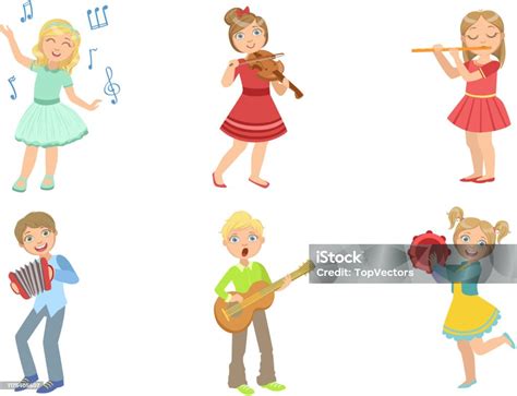 음악을 연주하는 아이들과 노래 세트 악기와 소년과 소녀 바이올린 플루트 아코디언을 연주 하는 아이 기타 탬버린 벡터 일러스트