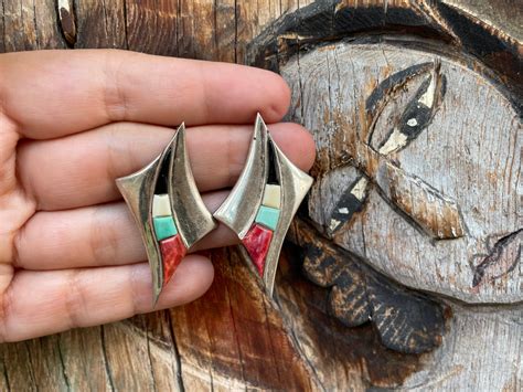 1988 Sterling Silver Post Earrings With Multi Stone Inlay Sculptural