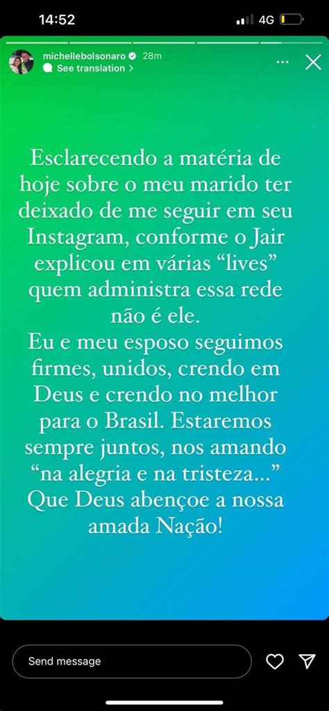 Michelle Bolsonaro Sobre Unfollow No Instagram Seguimos Firmes E