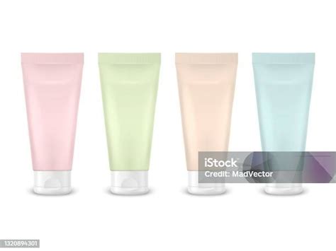 벡터 3d 사실적인 플라스틱 금속 핑크 녹색 베이지 블루 치 페이스트 크림 튜브 흰색 배경에 격리 된 포장 세트 치약의 디자인 템플릿 화장품 모형크림 전면 보기 3차원
