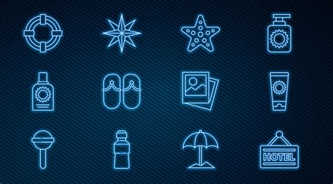 텍스트 호텔 튜브 불가사리 플립 플롭 스프레이 병 구명 부표 사진 및 바람 장미 아이콘세트 라인 간판 벡터 공휴일에 대한 스톡 벡터 아트 및 기타 이미지 Istock