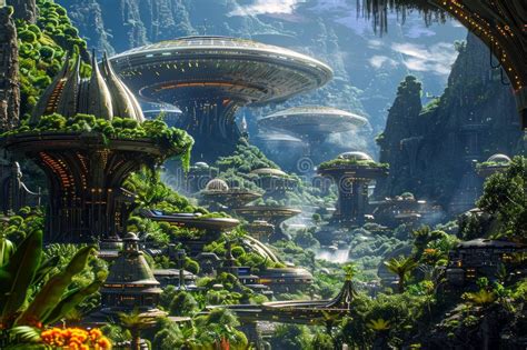 Futuristic City Amidst Exotic Jungle Landscape With Lush Vegetation And
