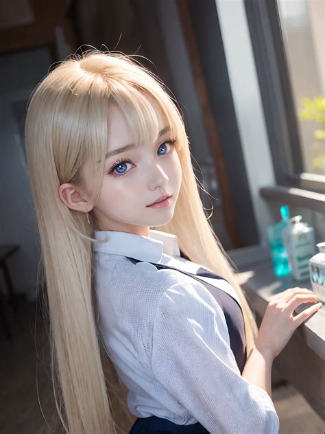창 앞에 포즈를 취하는 긴 머리를 가진 금발 머리 소녀 Seaart Ai