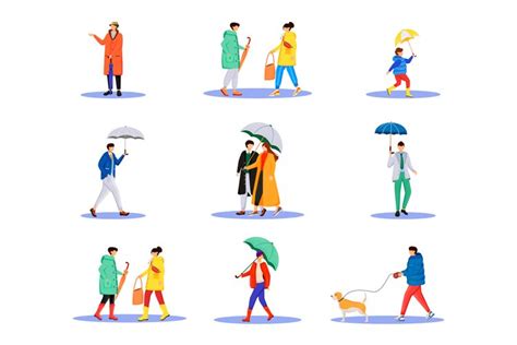 People With Umbrellas Flat Color Vector Faceless Characters