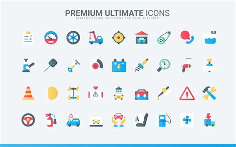 트렌디 한 평면 컬러 차고 컬렉션 관리 및 유지 보수 기술 아이콘이 설정되었습니다 아이콘에 대한 스톡 벡터 아트 및 기타 이미지 아이콘 자동차 수리 공장 주유소