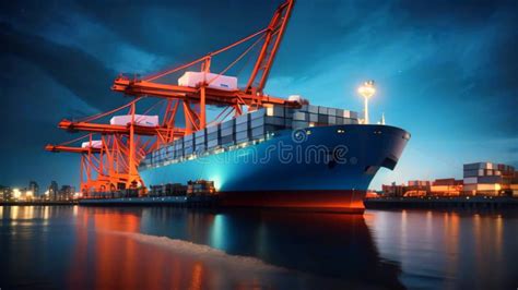 Container Cargo Freight Ship With Working Crane Bridge At Night