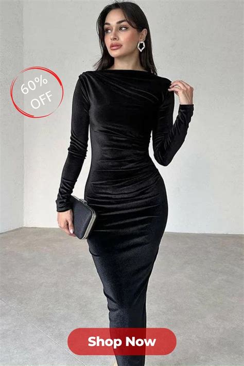Winter Women O Neck Folds High Waist Mid Calf Velvet Dress Elegant