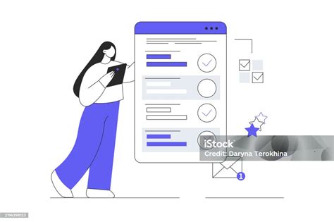 온라인 설문조사 개념입니다 여성 캐릭터는 웹 페이지의 설문지 또는 퀴즈에 십자가 또는 체크를 넣습니다 평면 만화 벡터 일러스트 레이 션 아이콘 스타일리시한 추상 양식 문서에