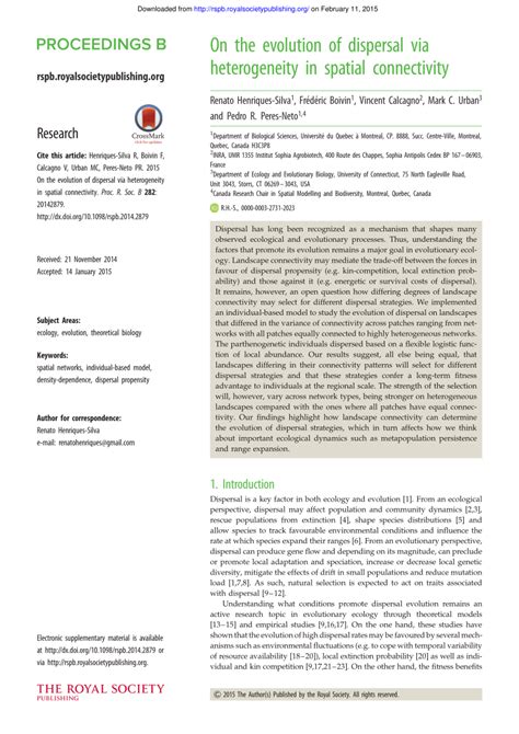 Pdf On The Evolution Of Dispersal Via Heterogeneity In Spatial Connectivity