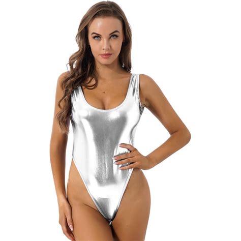 Yonghs Womens Shiny Metallic Sleeveless High Cut Thong Leotard