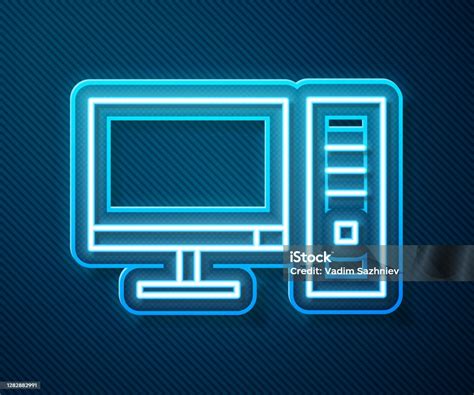 青い背景に分離された輝くネオンラインコンピュータモニターアイコンpc コンポーネントのサインベクトルの図 まぶしいのベクターアート素材や