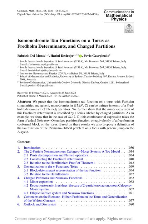 Pdf Isomonodromic Tau Functions On A Torus As Fredholm Determinants And Charged Partitions
