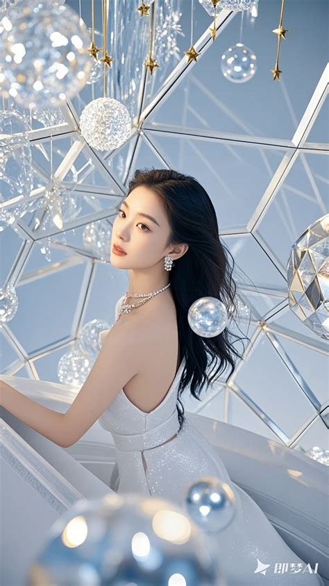 亚洲女性身穿白色光泽礼服正面站立，55mm镜头大光圈拍摄，冷白皮肌肤细腻透亮，发丝与轮廓光呈现金色光晕，背景纯白超现实渐变玻璃装饰漂浮，珠宝耳饰与项链点缀贵气，蓝 15 花瓣网