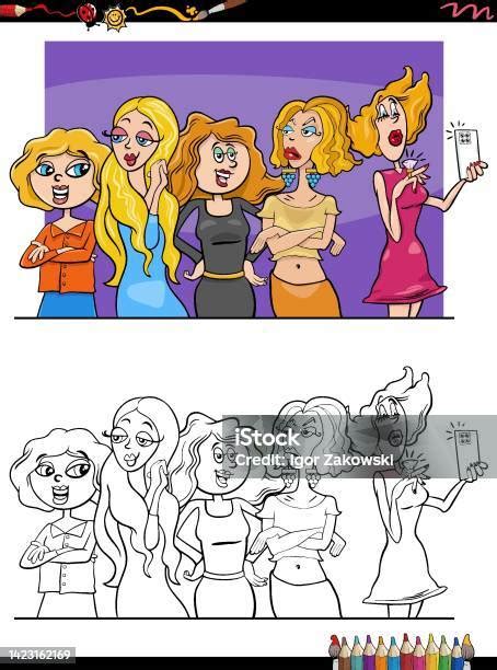 만화 아름다운 소녀 또는 여성 그룹 색칠 공부 페이지 가공의 인물에 대한 스톡 벡터 아트 및 기타 이미지 가공의 인물 검은