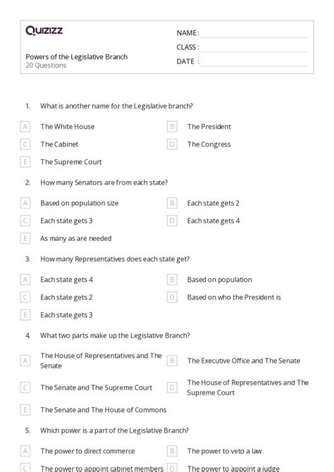 50 The Legislative Branch Worksheets For 6th Class On Quizizz Free And Printable