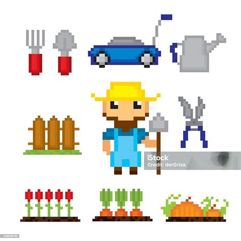 원예 아이콘 세트 픽셀 아트 오래된 학교 컴퓨터 그래픽 스타일 꽃집 주인에 대한 스톡 벡터 아트 및 기타 이미지 꽃집 주인 농장 벡터 Istock
