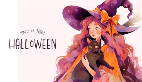 Halloween Banner Mit Illustration Einer Hexe Und Einer Schwarzen Katze