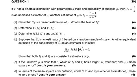 Solved Question 1 29 If Y Has A Binomial Distribution With