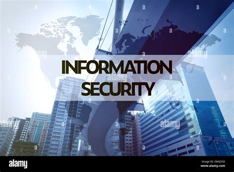 Text Information Security World Map And Cityscape On Background Stock
